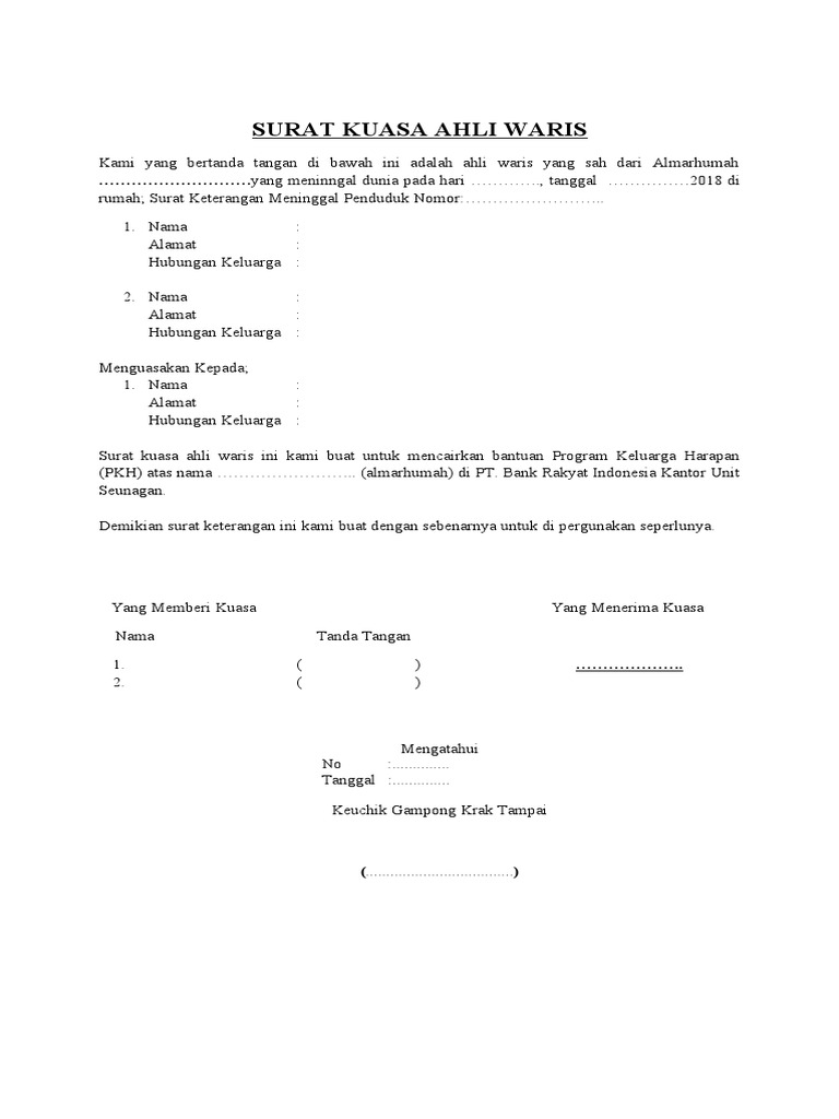 Surat Kuasa Ahli Waris PKH | PDF