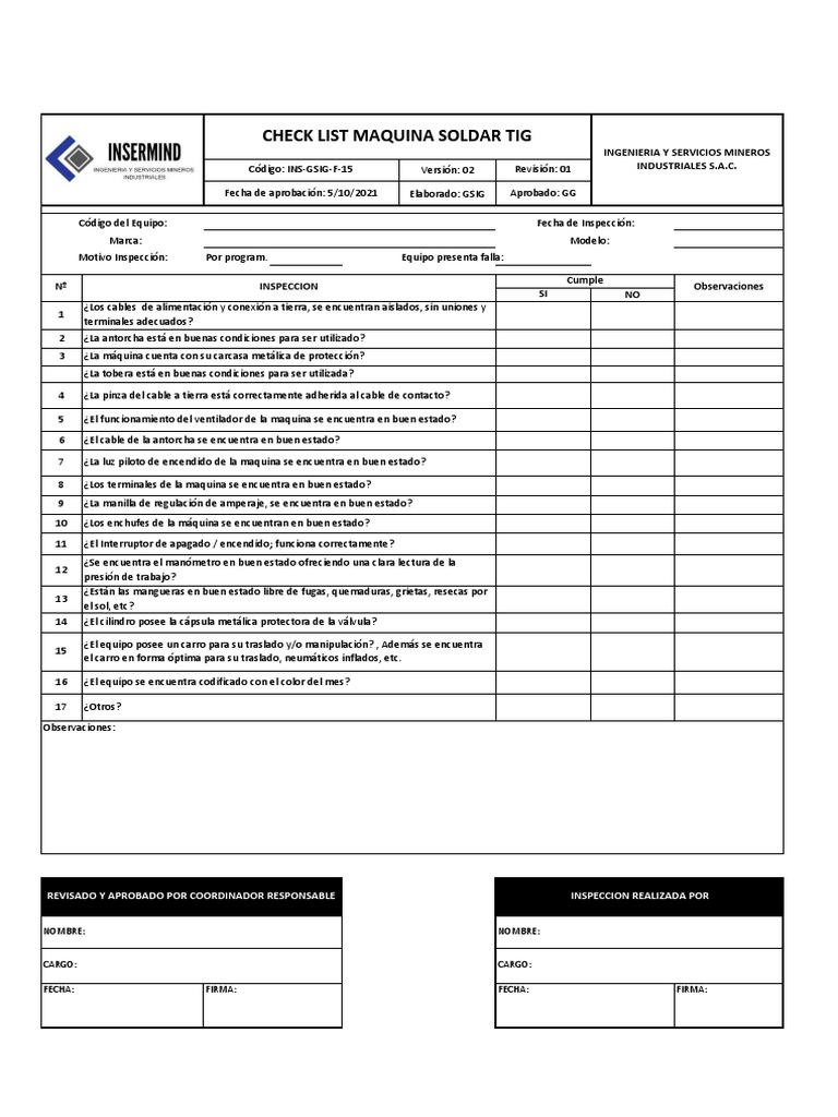 Ins-Gsig-F-15-Inspeccion de Maquina de Soldar Tig | PDF