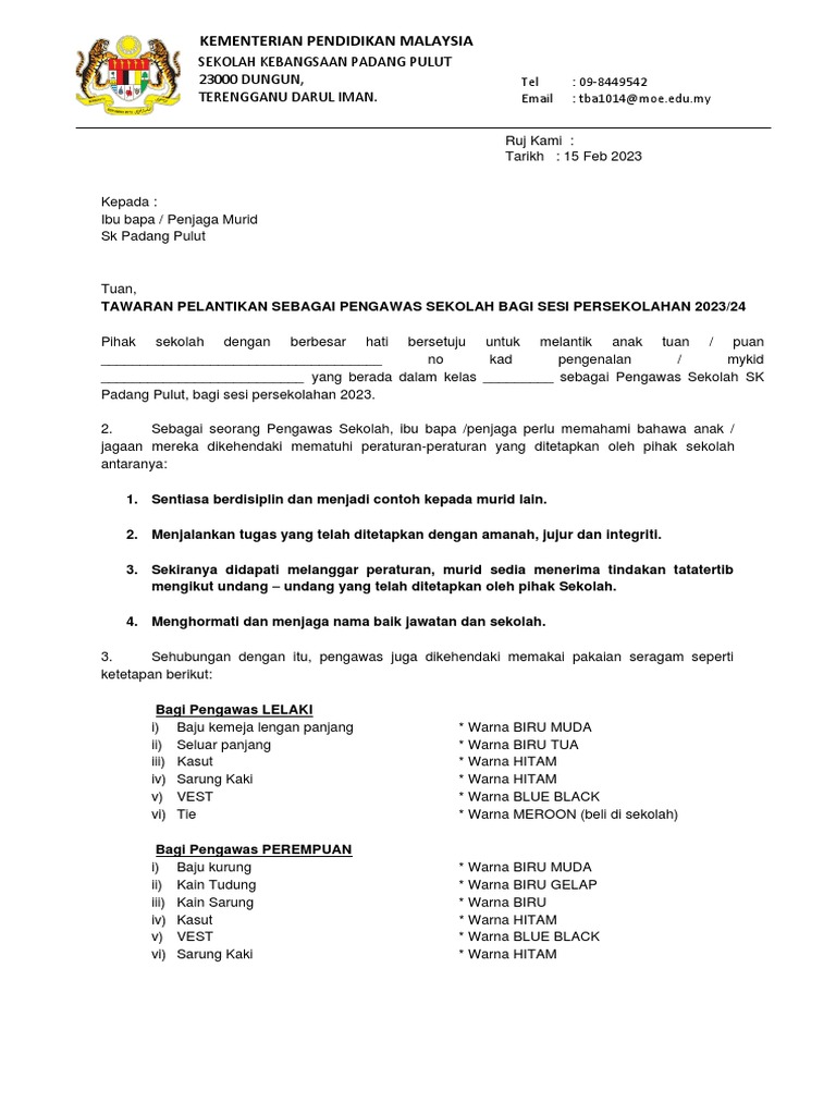 Surat Tawaran Lantikan Pengawas SK | PDF