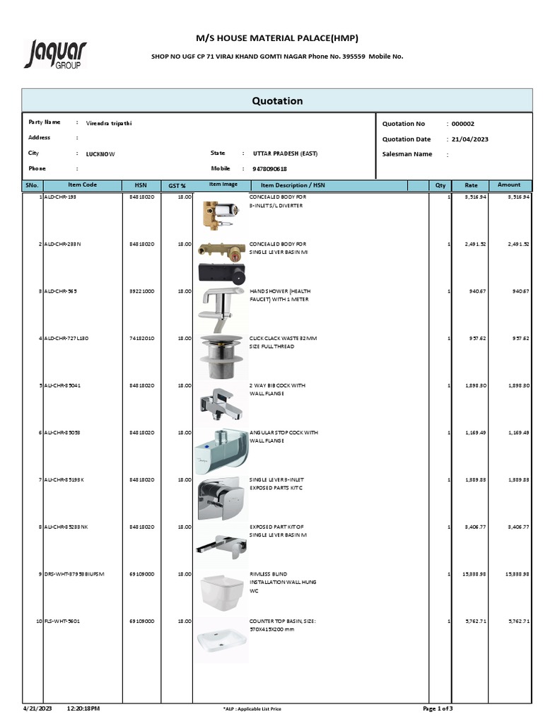 Quotation 000002 | PDF | Manufactured Goods | Plumbing