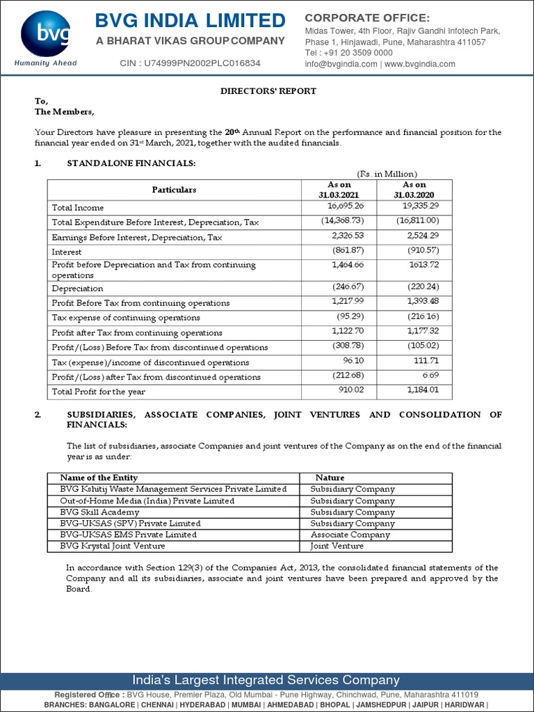 BVG India - Annual Report 2020-21 | PDF | Dividend | Audit