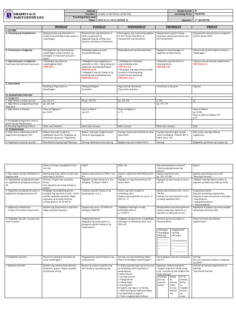 DLL Filipino 4 q4 w2 | PDF DLL Filipino 4 q4 w2 | PDF