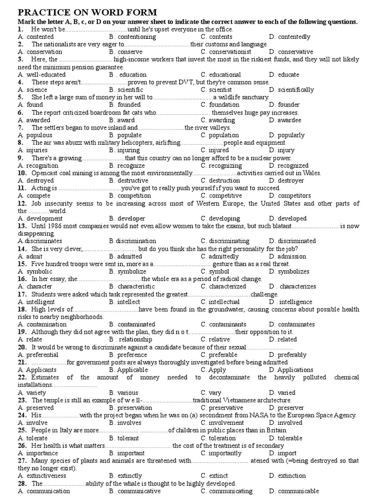 Practice On Word Form | PDF | Nature | Ecology