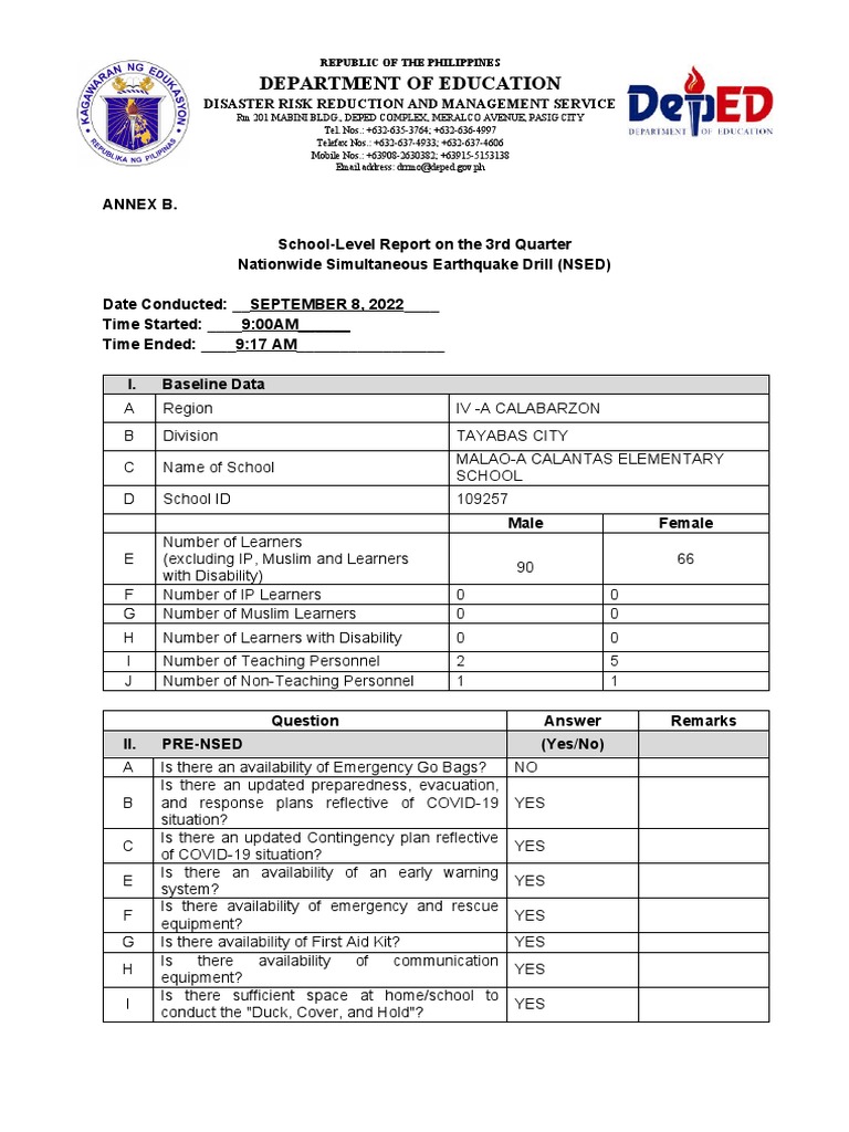 Annex B. School Level Report On The 3rd Quarter NSED | PDF | Emergency ... Annex B. School Level Report On The 3rd Quarter NSED | PDF | Emergency ...