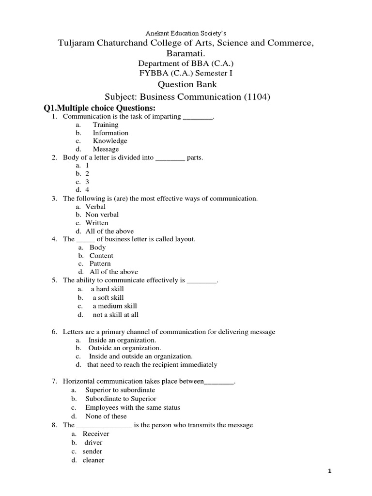 FYBBACA 1104 Business Communiction Question Bank | PDF | Career & Growth