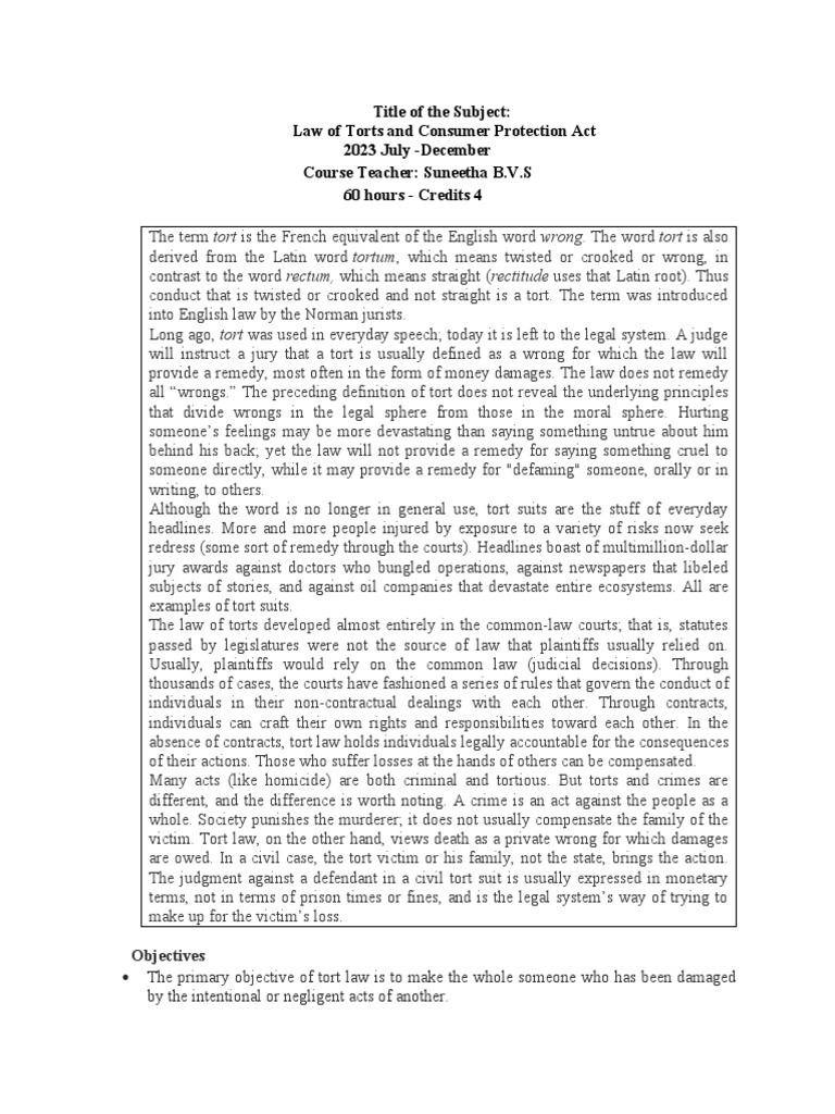 Law of Torts Course Guide | PDF | Tort | Legal Concepts