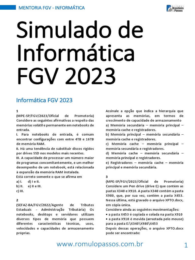 Simulado de Informatica FGV 2023 | PDF | Armazenamento de dados de ...
