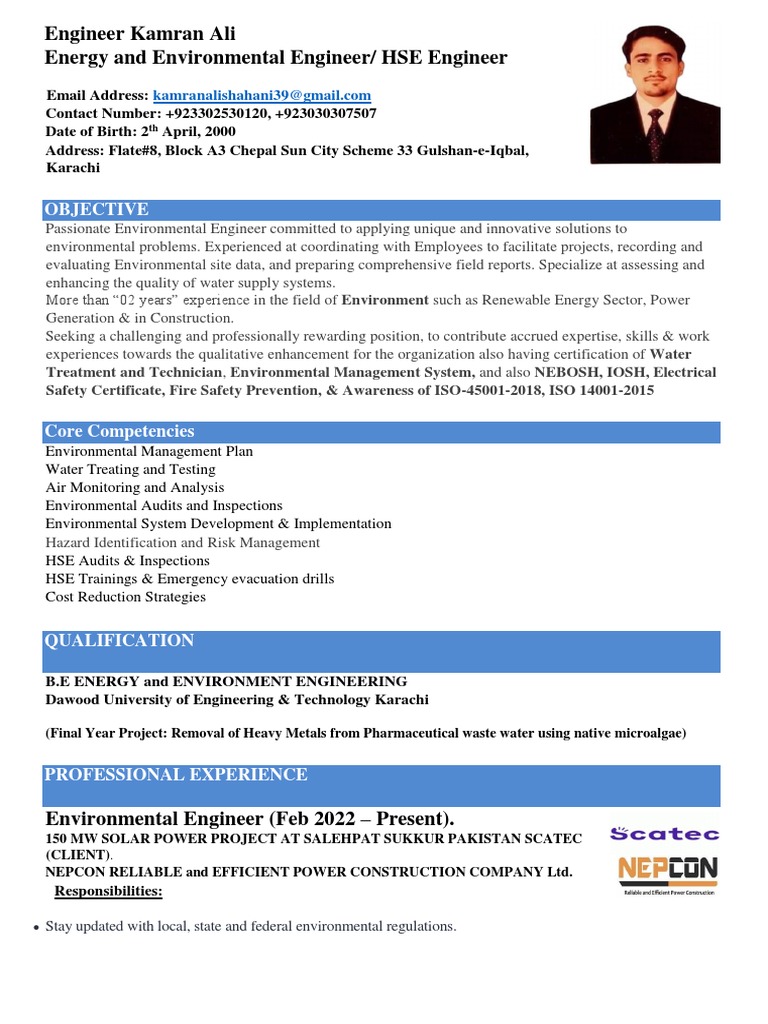 Kamran Ali Environmental Engineer (CV) | Download Free PDF | Safety | Regulatory Compliance