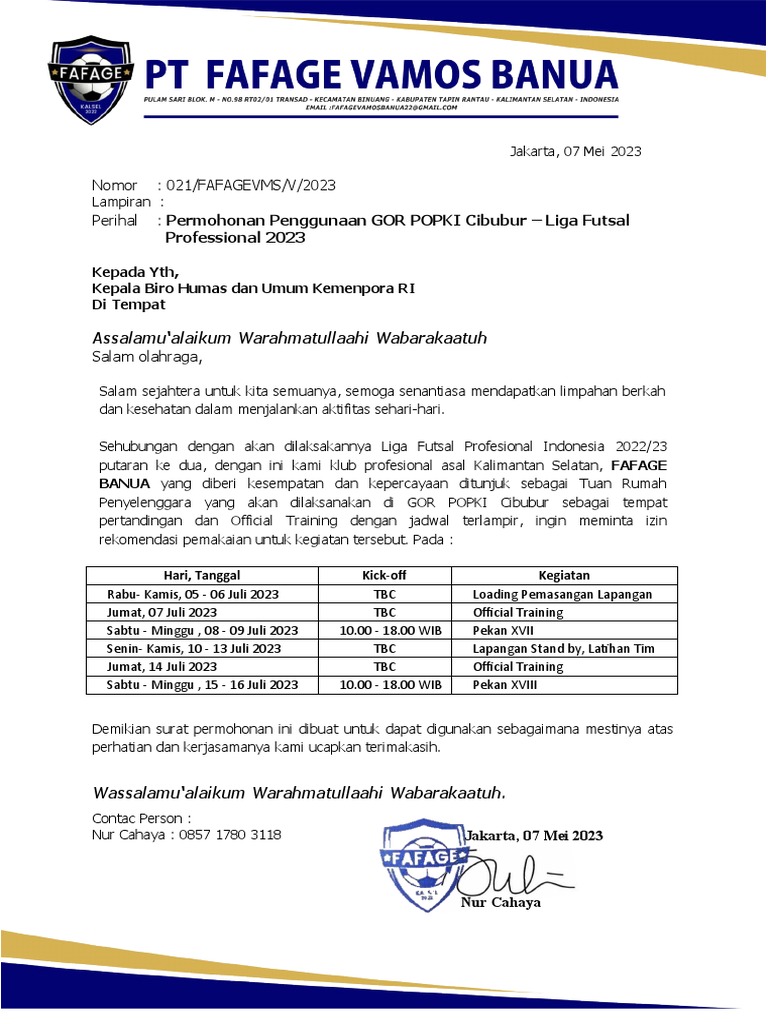 Surat Rekomendasi Penggunaan GOR POPKI Cibubur Dan Lampiran Surat FFI | PDF