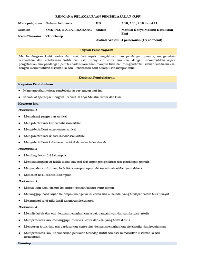 RPP Menilai Karya Melalui Kritik Dan Esai | PDF | Karier & Perkembangan