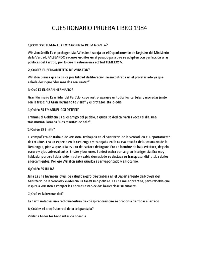 Cuestionario Prueba Libro 1984 | PDF