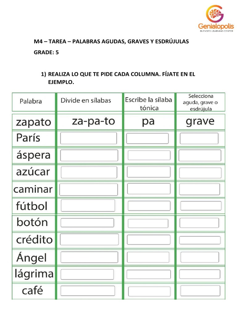 m4 - Tarea - Palabras Agudas, Graves y Esdrújulas | PDF