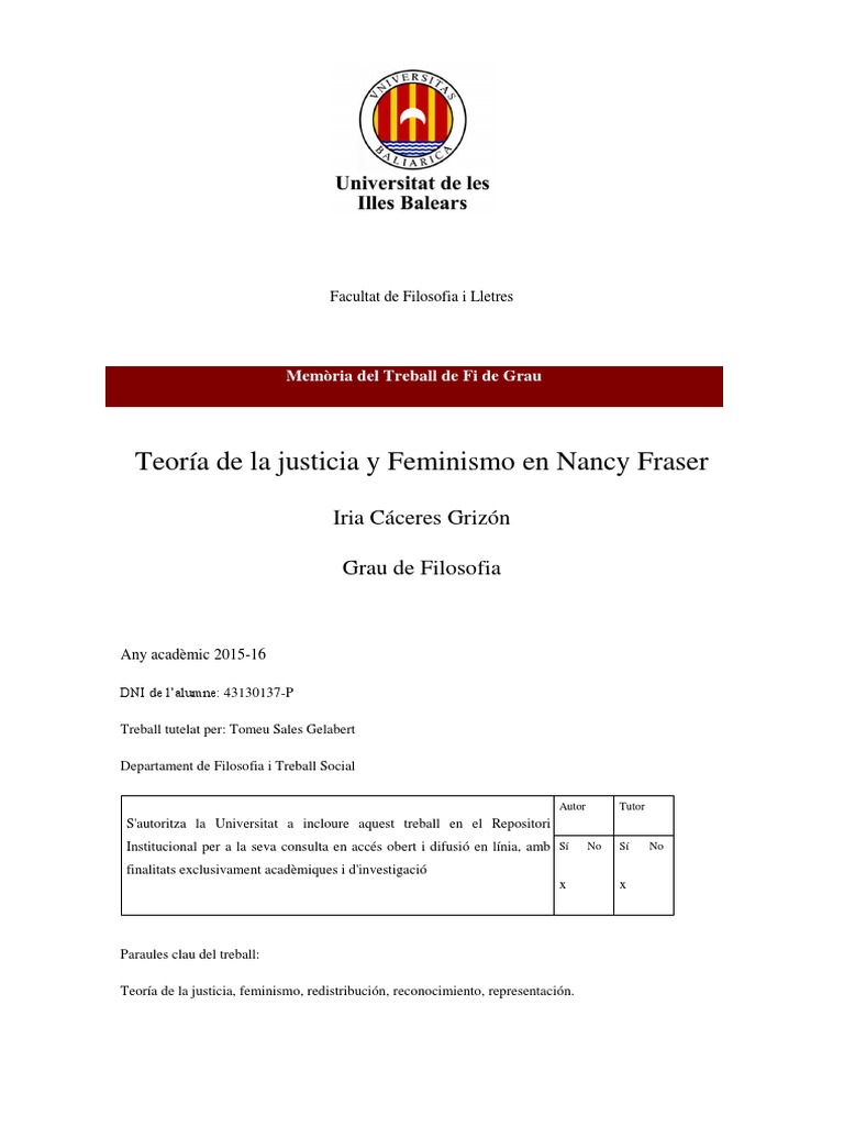 Iria Cáceres Grizón - Teoría de La Justicia y Feminismo en Nancy Fraser | PDF | Estudios de ...