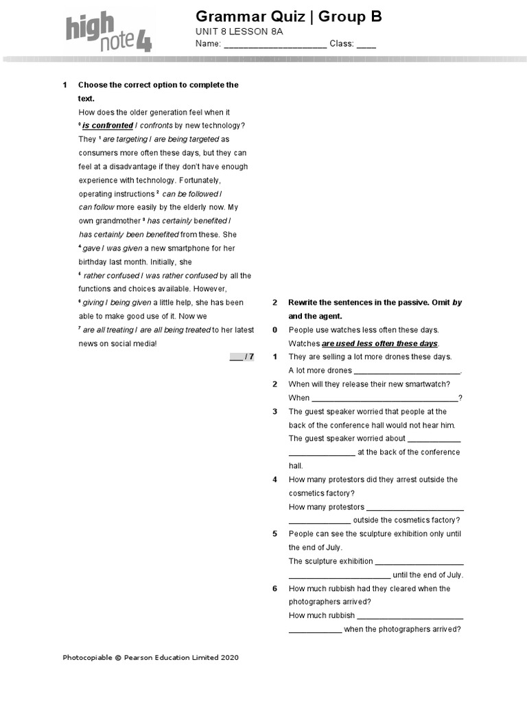 HighNote4 Grammar Quiz Unit08A GroupB | PDF | Human Communication