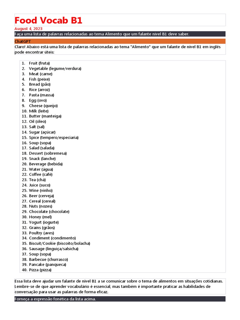 20 Food Vocab B1 | PDF