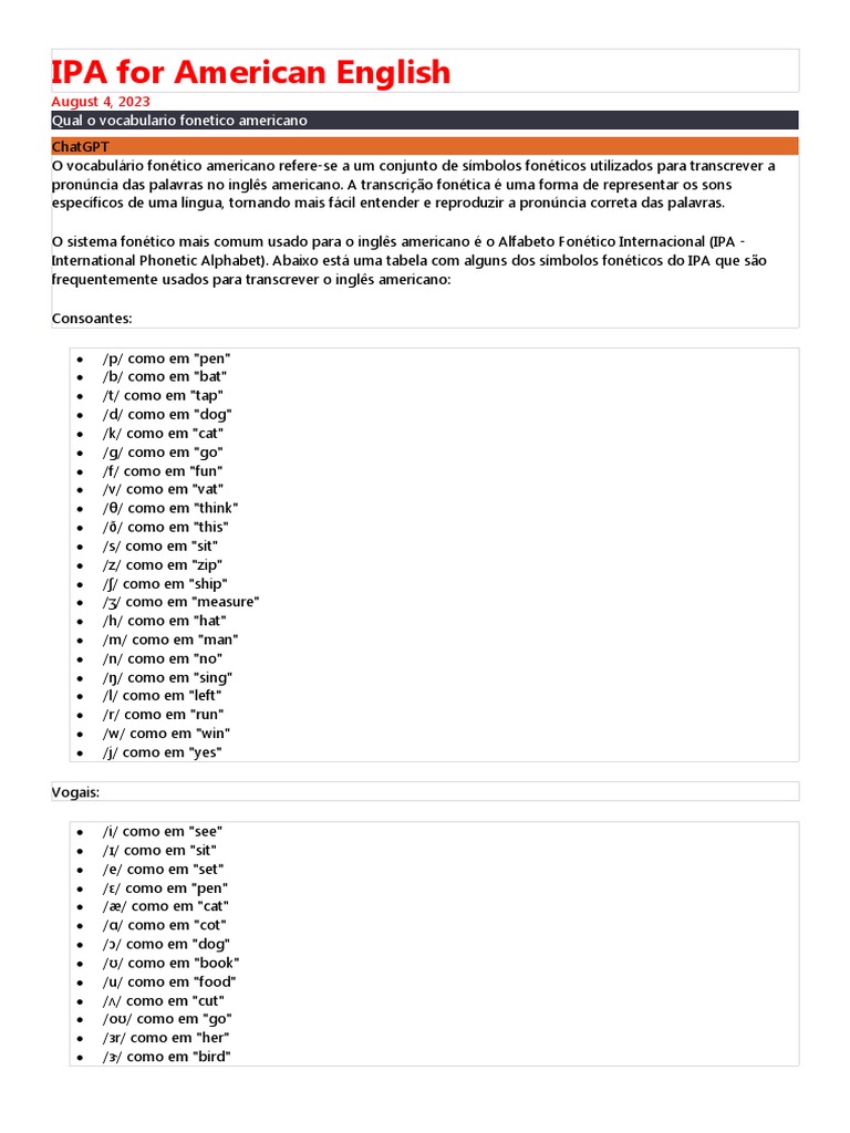 IPA For American English | PDF | Fonética | Linguística