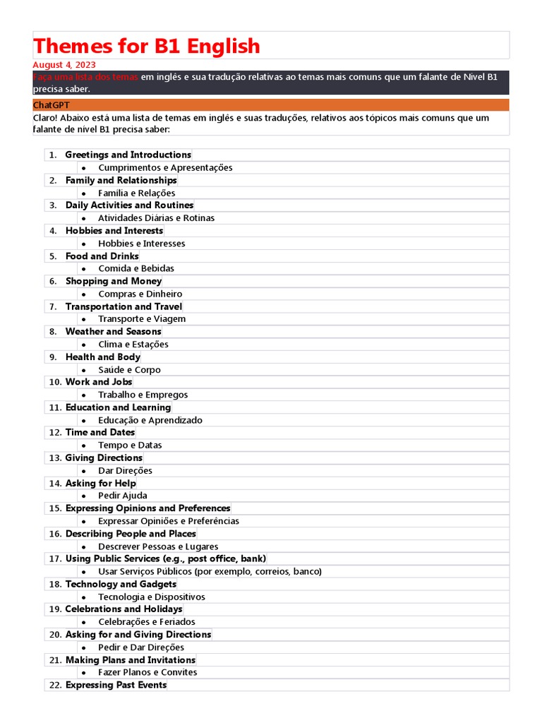 13 Themes For B1 English | PDF