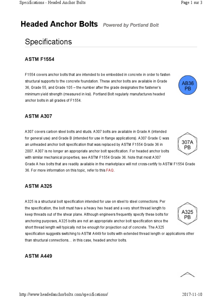 Headed Anchor Bolts Specs | PDF | Screw | Manufactured Goods
