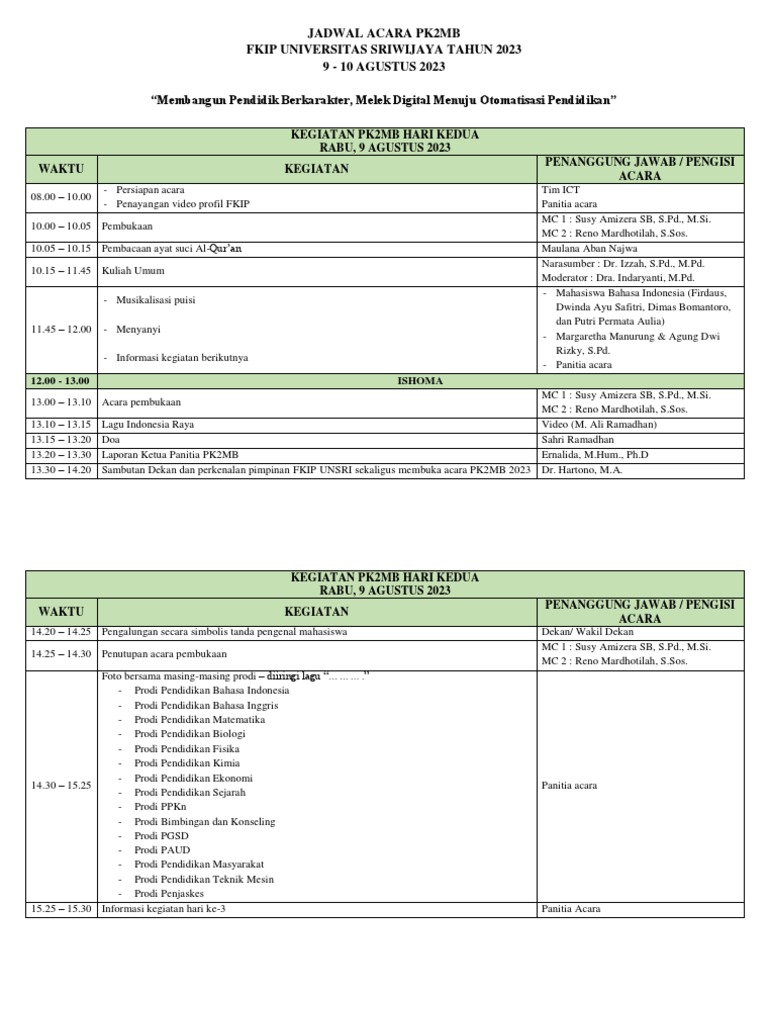 JADWAL ACARA PK2MB FKIP UNSRI 2023 - 1 Agustus 2023 | PDF