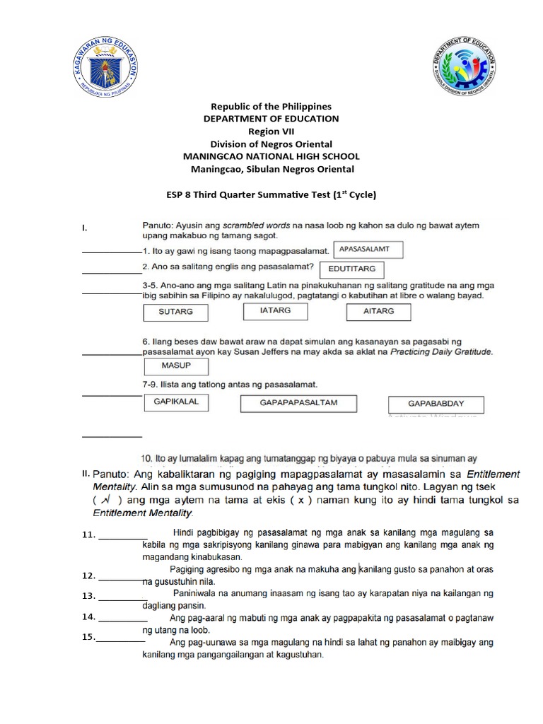 ESP 8 Third Quarter - 1st Cycle | PDF