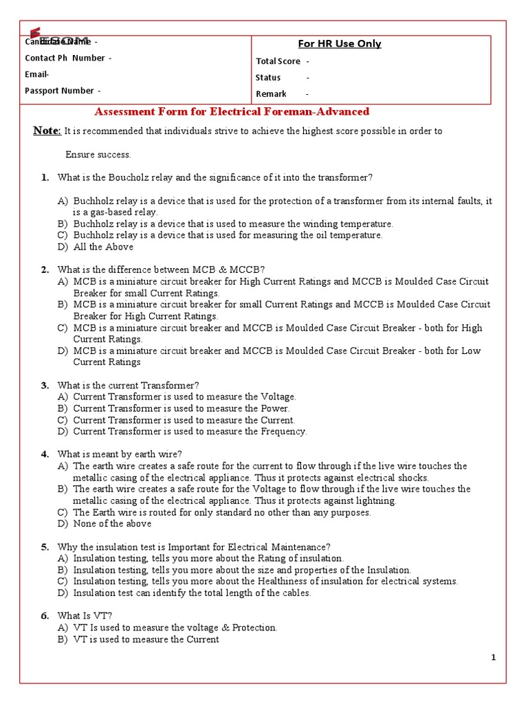 Electrical Foreman Assessment Guide | PDF