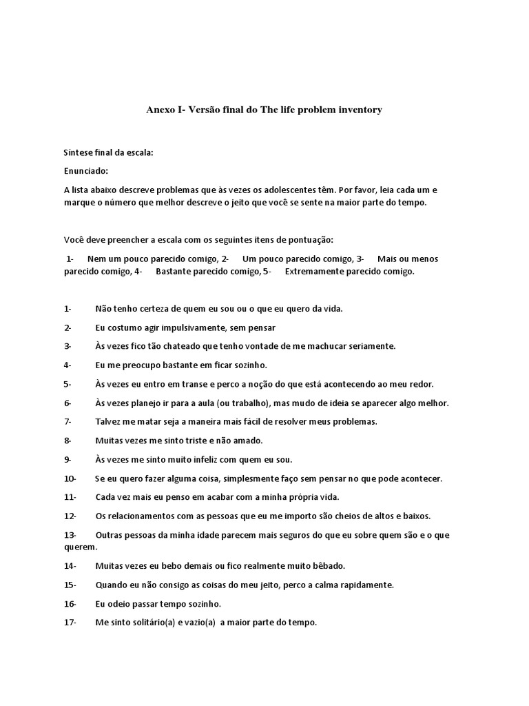 The Life Problem Inventory - Border | PDF | Relação sexual | Depressão