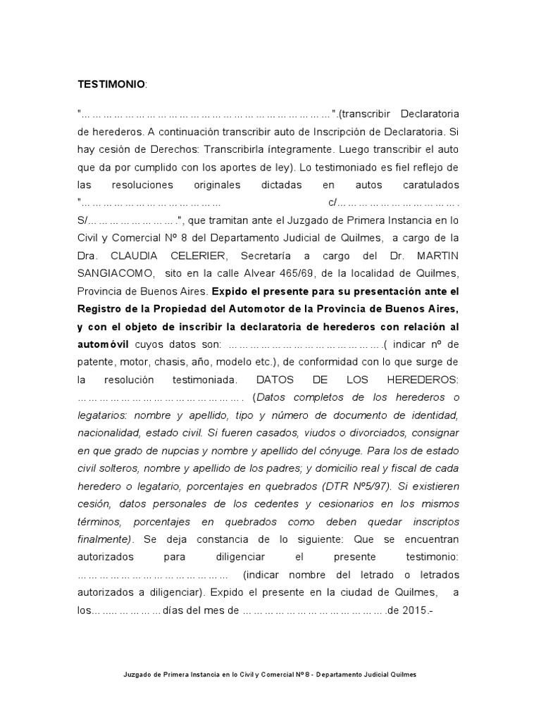 Modelo Testimonio Sucesion | PDF