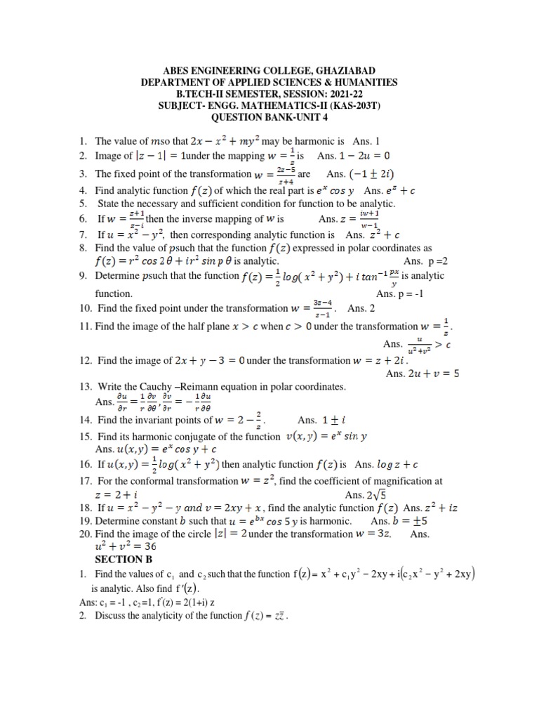 Question Bank - Unit 4 - Mathematics II | PDF | Function (Mathematics) | Complex Number