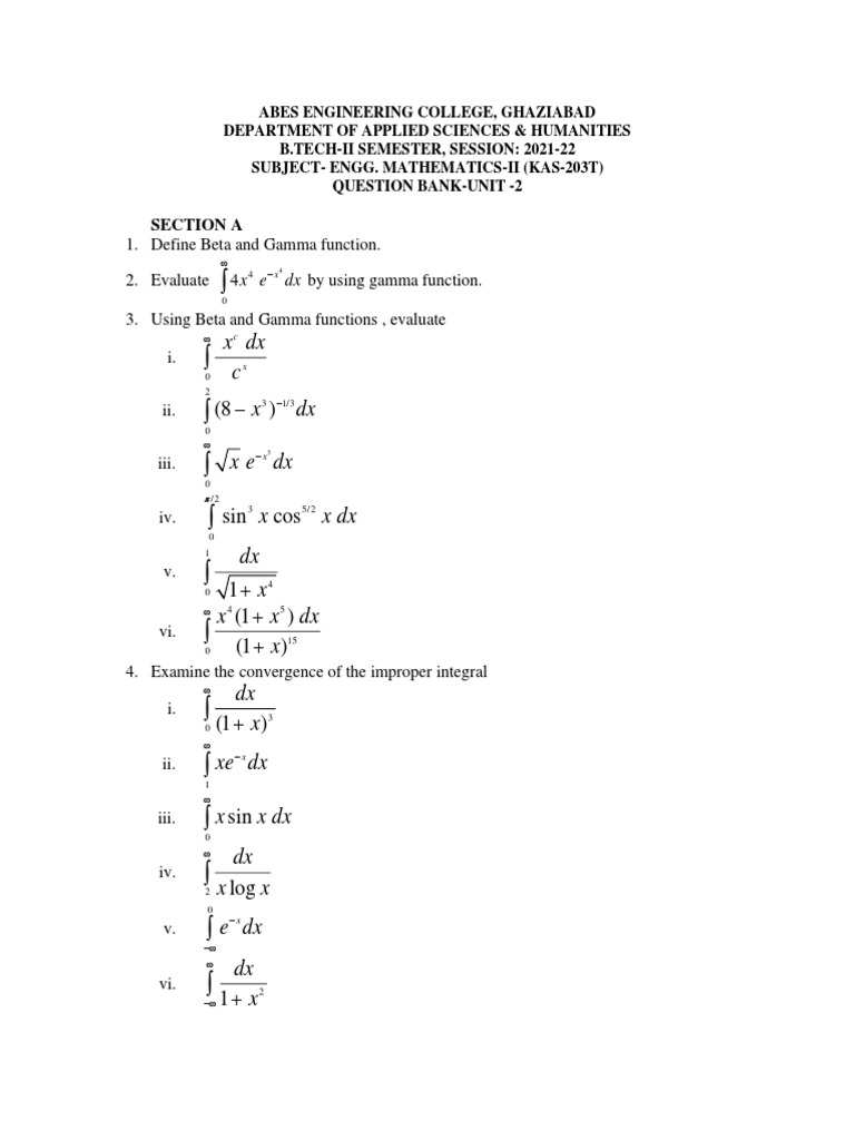 Question Bank - Unit 2 - Mathematics II | PDF
