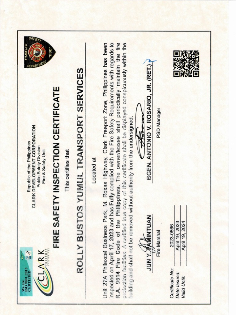 Fire Safety Inspection Certificate | PDF