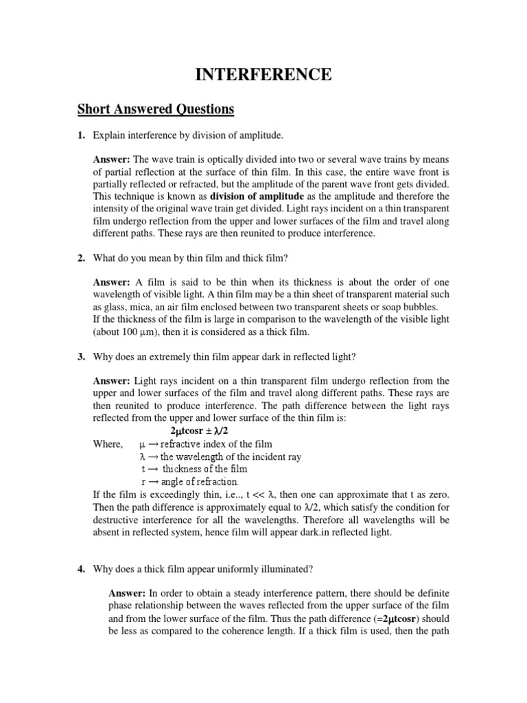 Short Question Answer of Interference | PDF | Reflection (Physics) | Refraction