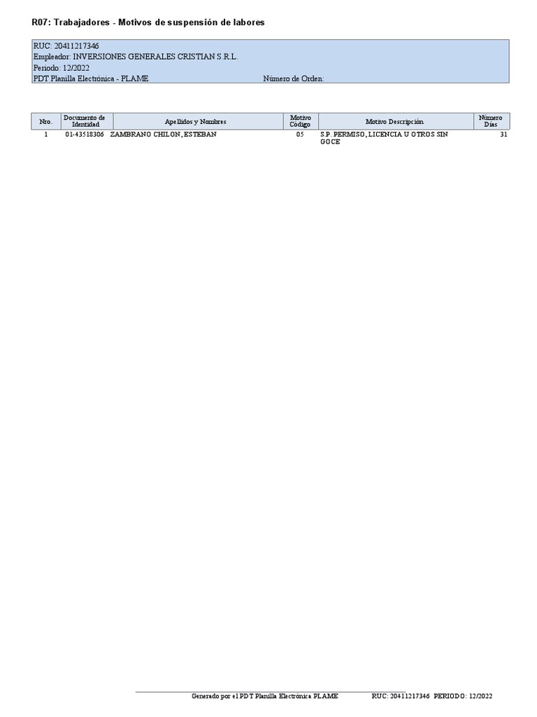 R07: Trabajadores - Motivos de Suspensión de Labores | PDF