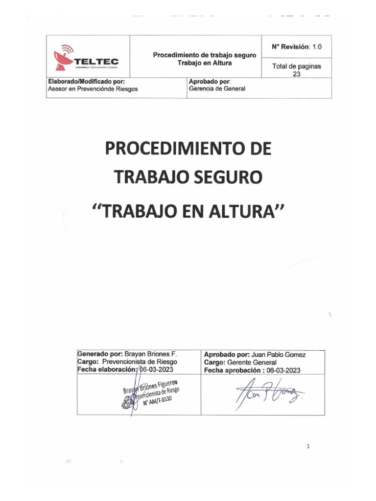 Procedimiento de Trabajo en Altura | PDF