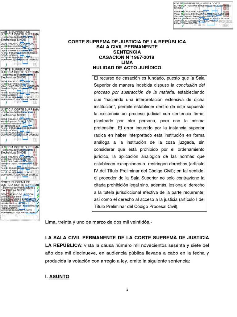 Sentencia de Casación N.° 1967-2019 LIMA 31 MAR 2022. NULIDAD DE ACTO ... Sentencia de Casación N.° 1967-2019 LIMA 31 MAR 2022. NULIDAD DE ACTO ...