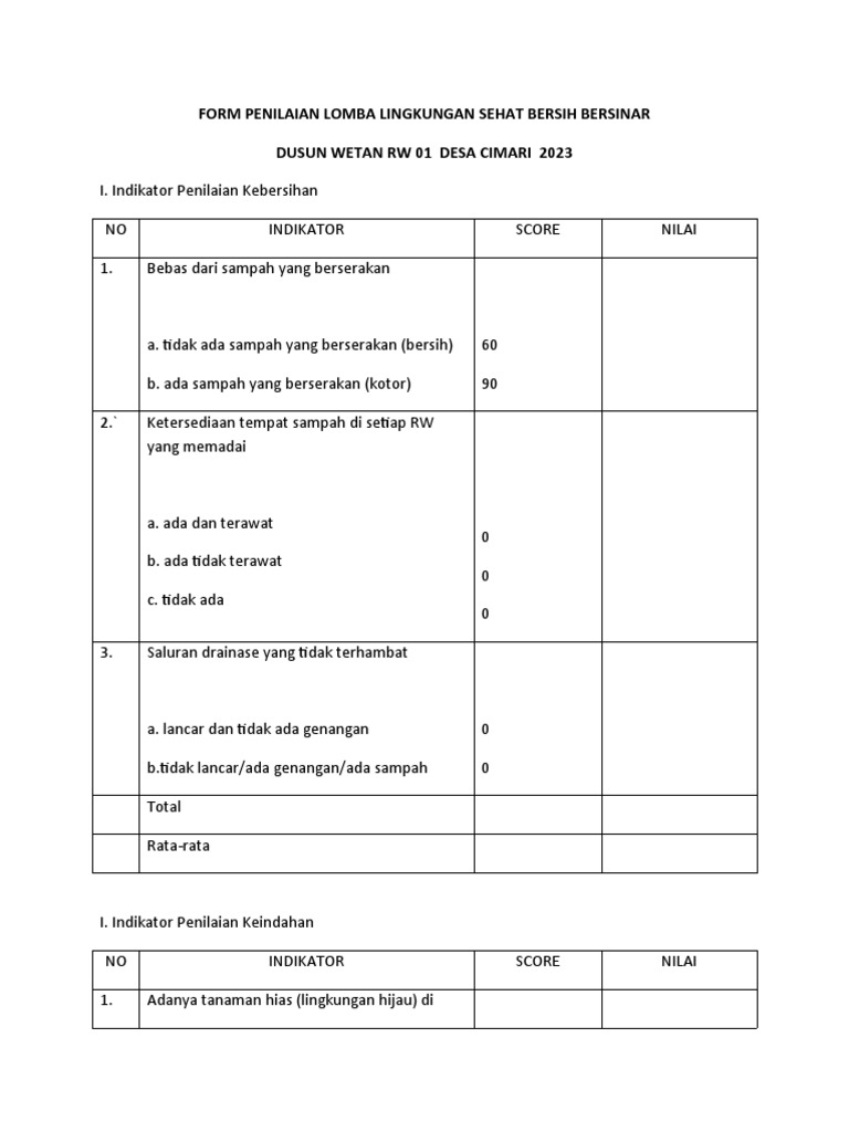Form Penilai Juri Kebersihan | PDF