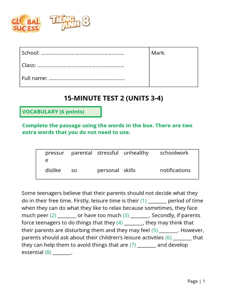 15-Minute Test 2 (Semester 1) | PDF