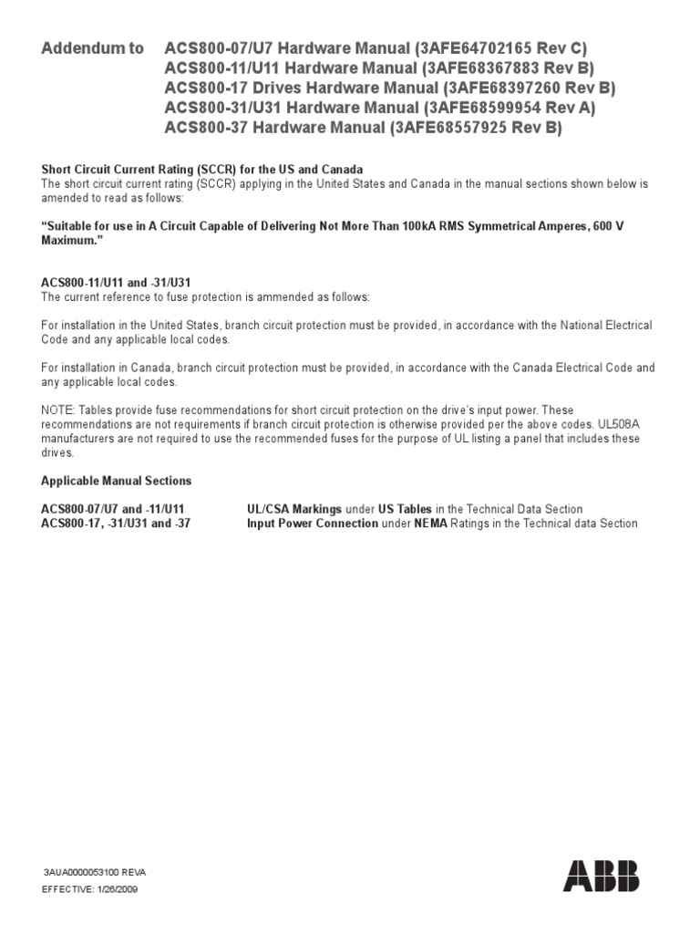 ACS800 User Manual Addendum (SCCR), US | PDF