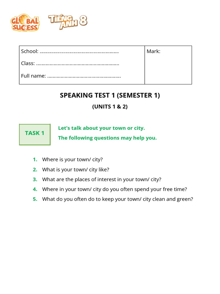 Speaking Test 1 (Unit 1 - 2) | PDF