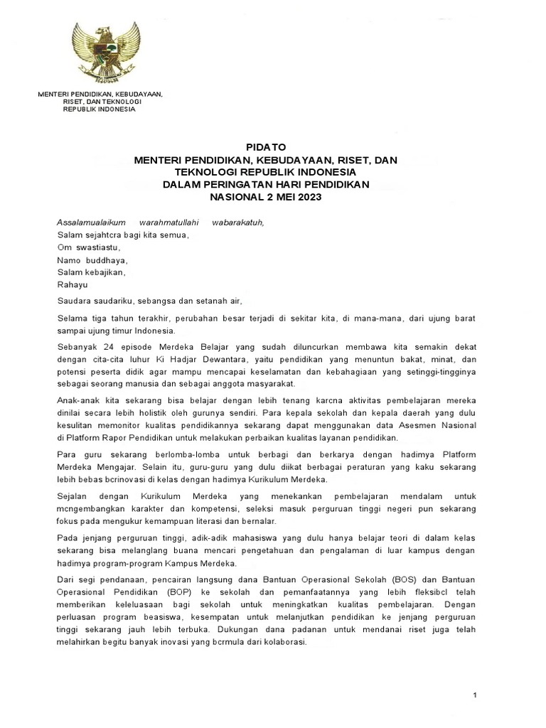 Pidato Mendikbudristek Untuk Upacara Peringatan Hardiknas 2023 | PDF | Ilmu Sosial