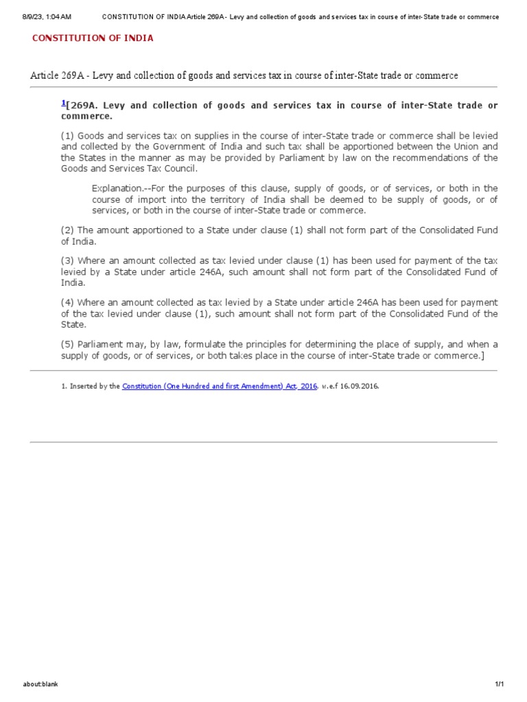 CONSTITUTION OF INDIA Article 269A - Levy and Collection of Goods and ...