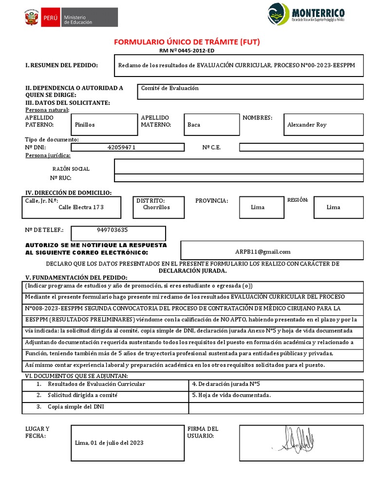 Formulario Único de Trámite-Eesppm | PDF