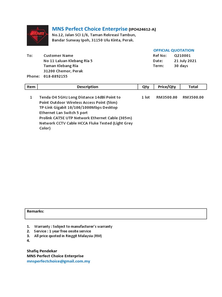 MNS Perfect Choice Enterprise Quotation - SAMPLE | PDF