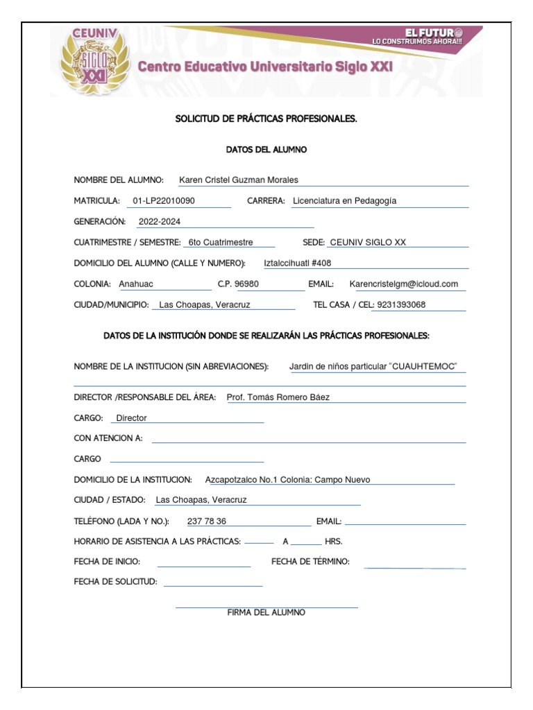 Formato PP 01 Solicitud Practicas | PDF