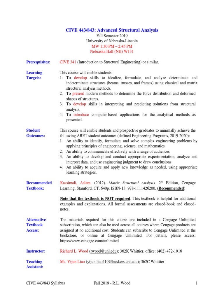 CIVE 443 Syllabus Fa2019 PDF Structural Analysis Turnitin