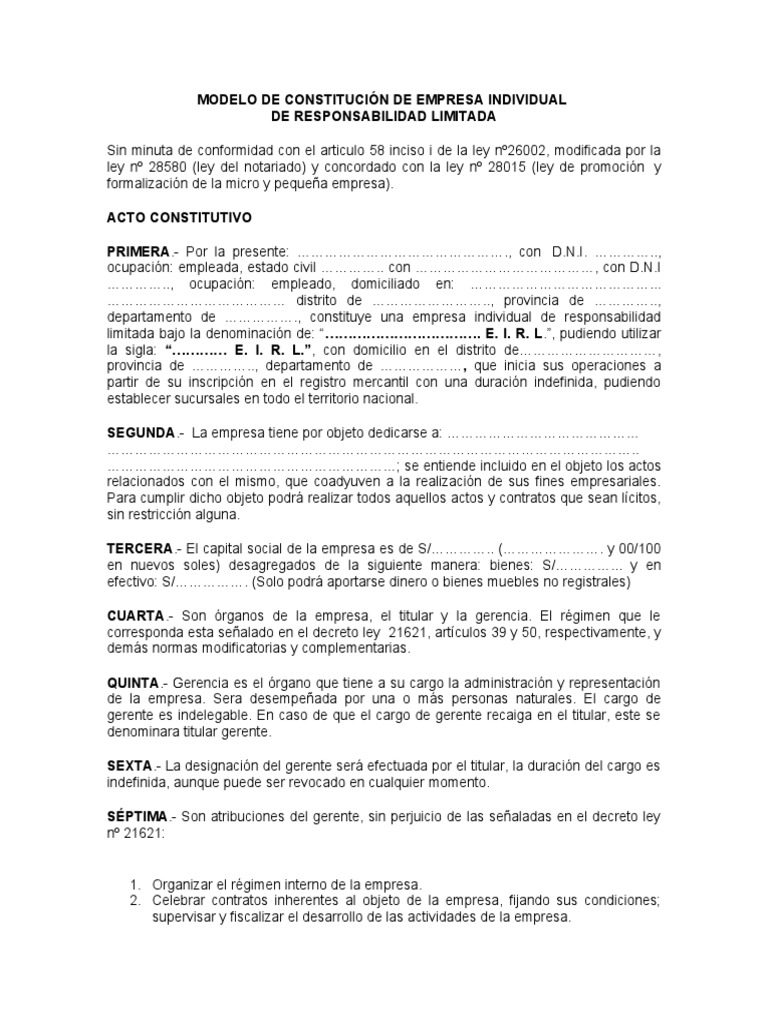 Modelo de Constitución de Empresa Individual | PDF | Business | Contabilidad