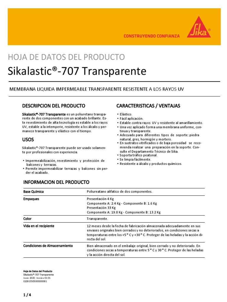 Ficha Técnica Sikalastic-707 Transparente | PDF | Ciencias fisicas