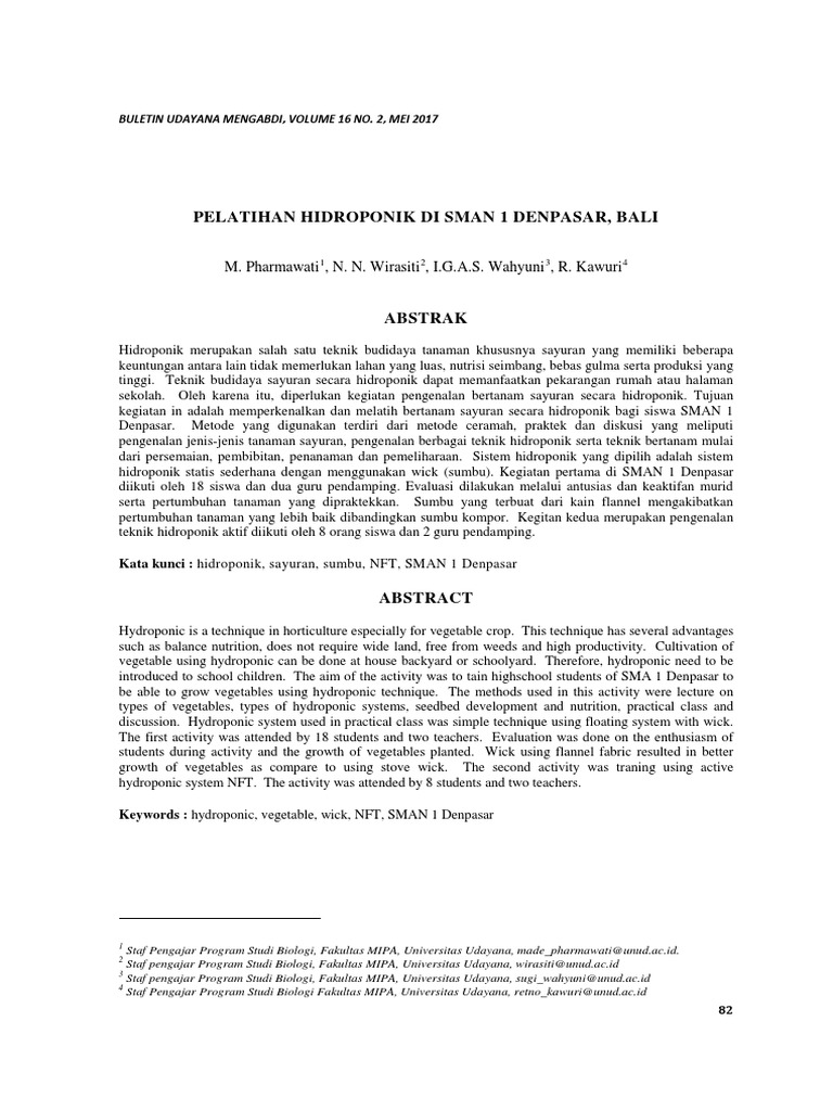 Pelatihan Hidroponik Di Sman 1 Denpasar, Bali: M. Pharmawati, N. N. Wirasiti, I.G.A.S. Wahyuni ...
