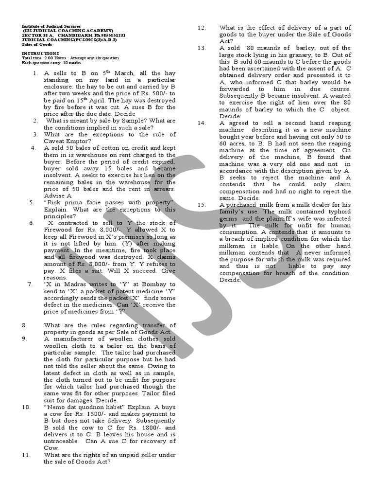 Sales of Goods Act (Subjective Paper) | PDF | Injunction | Lawsuit