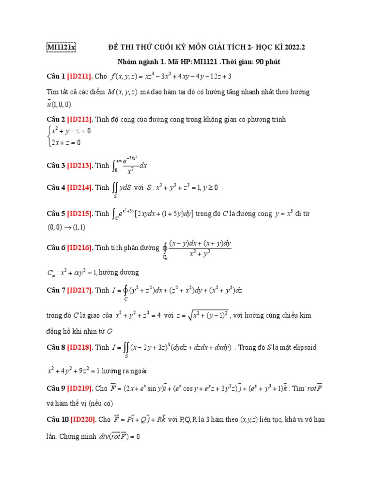 Thi thử cuối kỳ GT2 | PDF