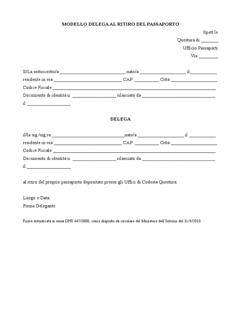Modello Delega Ritiro Passaporto | PDF
